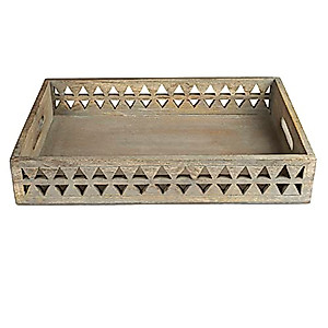 GoCraft Handmade Wooden Lattice Tray with Handles | Decorative Serving Trays for Breakfast in Bed, Ottoman, Coffee Table, Tea Party | Grey Washed Finish, Geometric Design (15" X 10")