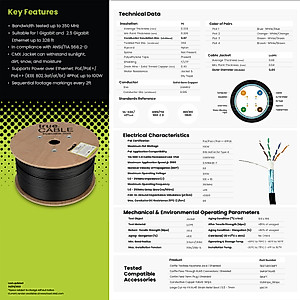 trueCABLE Cat5e Outdoor Shielded (F/UTP), 1000ft, Waterproof Direct Burial Rated CMX, Black 24AWG Solid Bare Copper, 350MHz, PoE++ (4PPoE), ETL Listed, Bulk Ethernet Cable