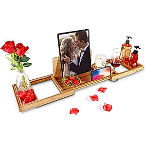 Bamboo Bathtub Caddy Tray, Expandable Bath Tray Table for Tub with Wine Glass Slot Book Phone Tablet Holder, Adjustable Bathroom Bathtub Organizer for Relaxing Bath Gift Idea