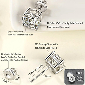 Ctarlitu Moissanite Stud Earrings, Lab Created Diamond Earrings Women 925 Sterling Silver Screw Back Earrings For Men (2.6 carat/pairs, White Gold)