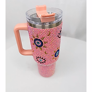 Rhinestone Insulated Tumbler with Handle, 40 oz, Pink with Evil Eye Design, Stainless Steel, Includes Straw and Cleaning Kit