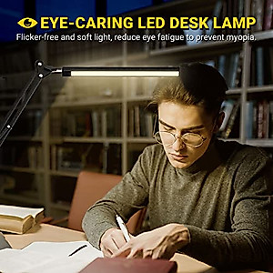 LED Desk Lamp with Clamp Swing Arm Desk lamp 360° Adjustable Eye-Caring Desk Light 3 Color Modes 10 Brightness Levels Memory Function Architect Table Desk Lamps for Home Office,Reading,12W Black