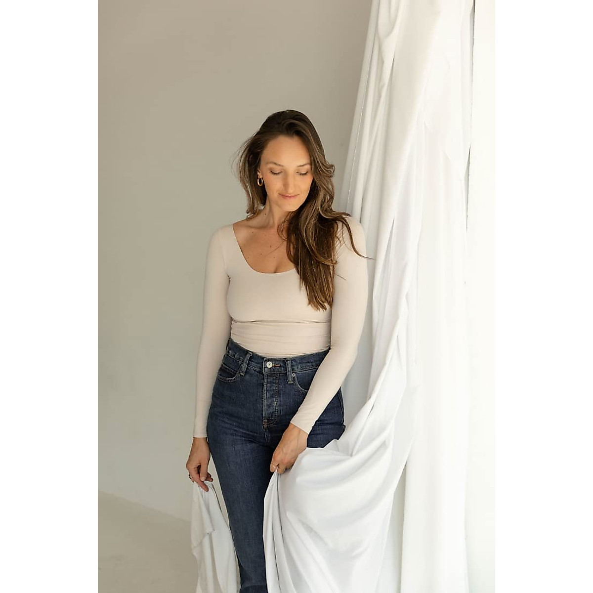 Almere Long Sleeve Top for Women, Contour Double-Lined Seamless Smooth Fabric Sleeved Basic Top, Low Neck Cut, Medium, Cream