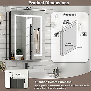 Klajowp LED Lighted Bathroom Medicine Cabinet with Mirror, 24x32 Inch Medicine Cabinet with Mirror, Recessed or Surface Bathroom Medicine Cabinet with Lights, Medicine Cabinet Mirror Black, Anti-Fog