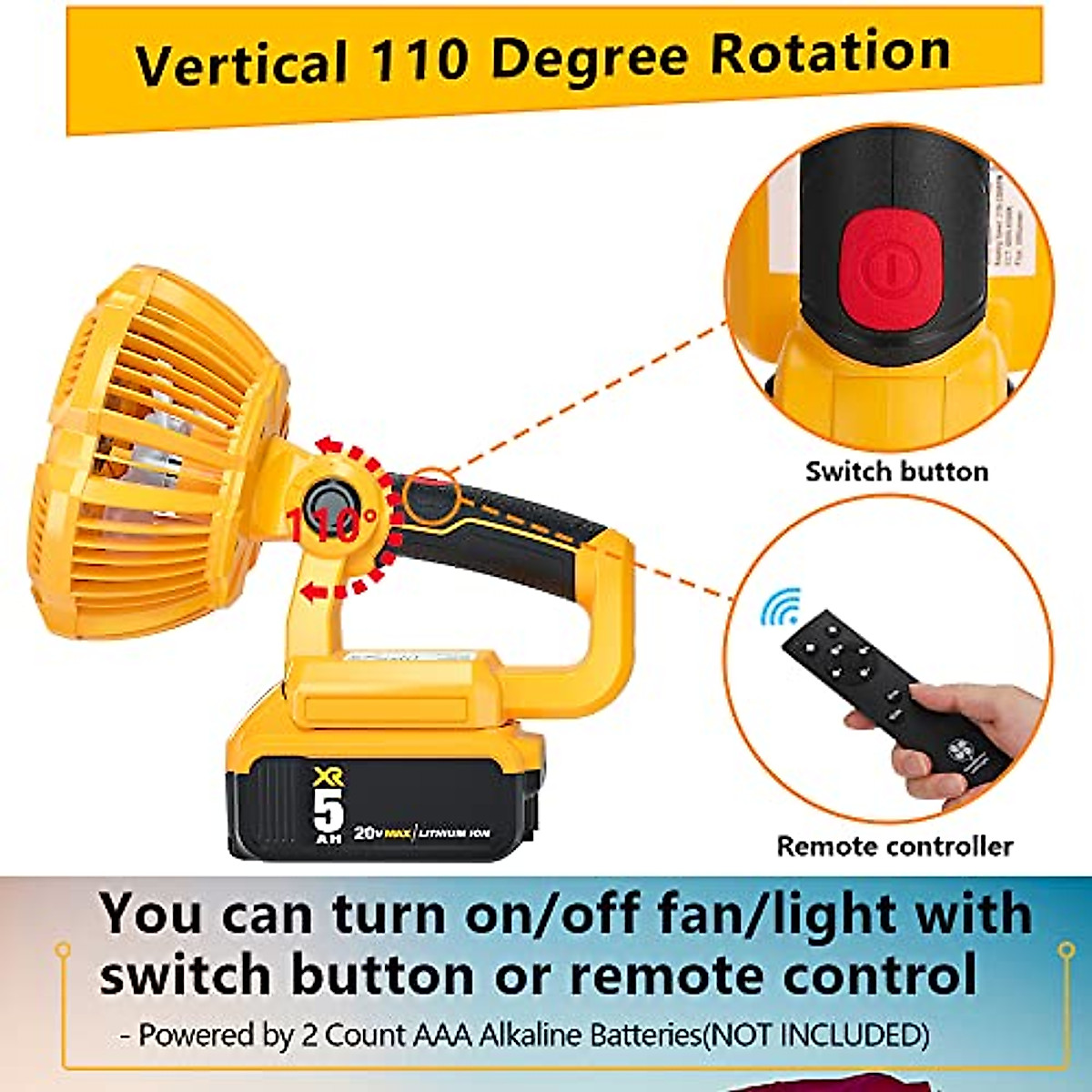 WaxPar For Dewalt Fan Cordless Camping Fan for Dewalt 20V Lithium Battery, USB Floor Fan Battery Operated Fan with 9W LED Light, Remote, 4H Timer Portable Tent Fan for Jobsite, Hiking, Fishing