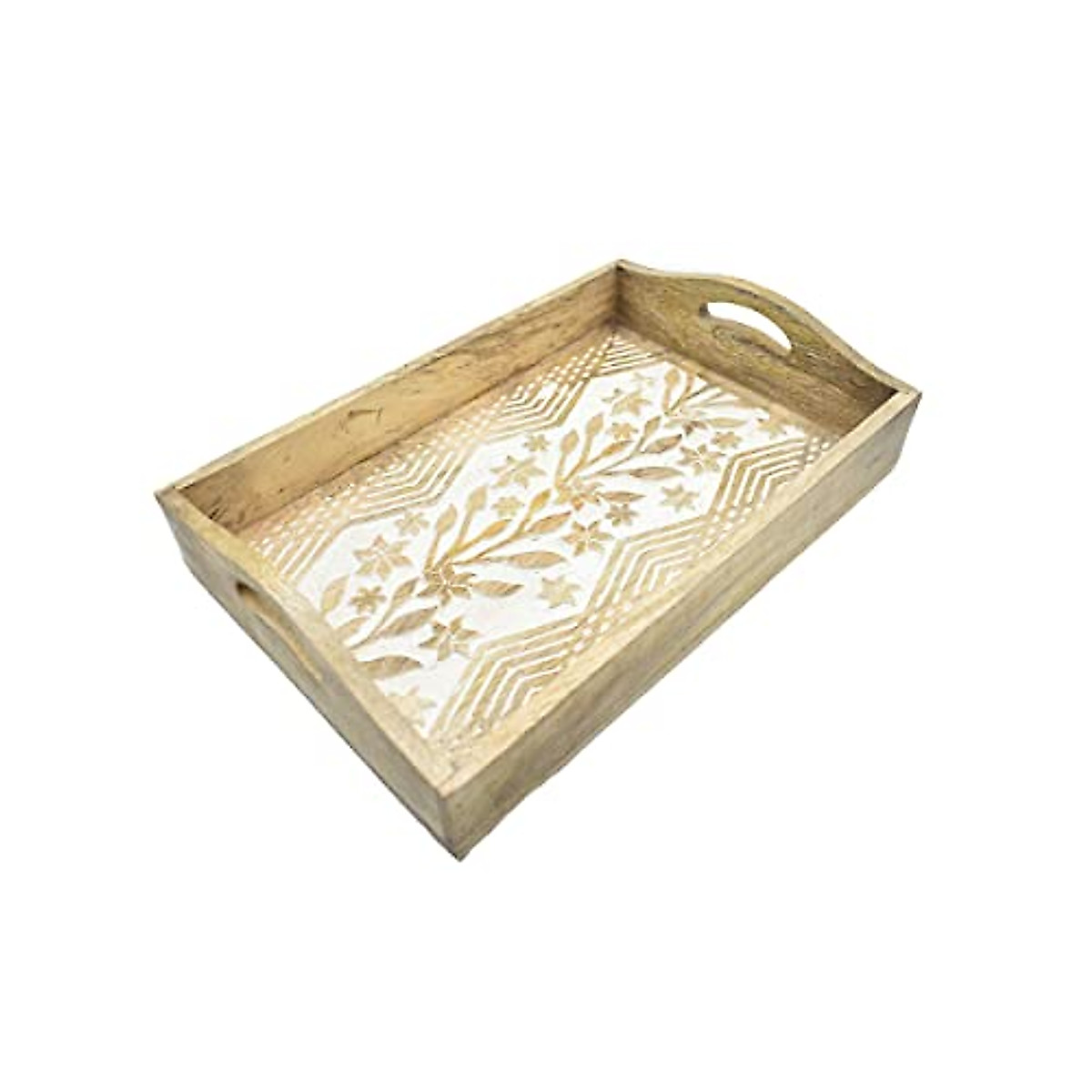 Hand Carved Wooden Breakfast Serving Tray with Handle for Breakfast Tea Snack Dessert | Kitchen Dining Serve-Ware Accessories | 15 x 10 Inches | 2049