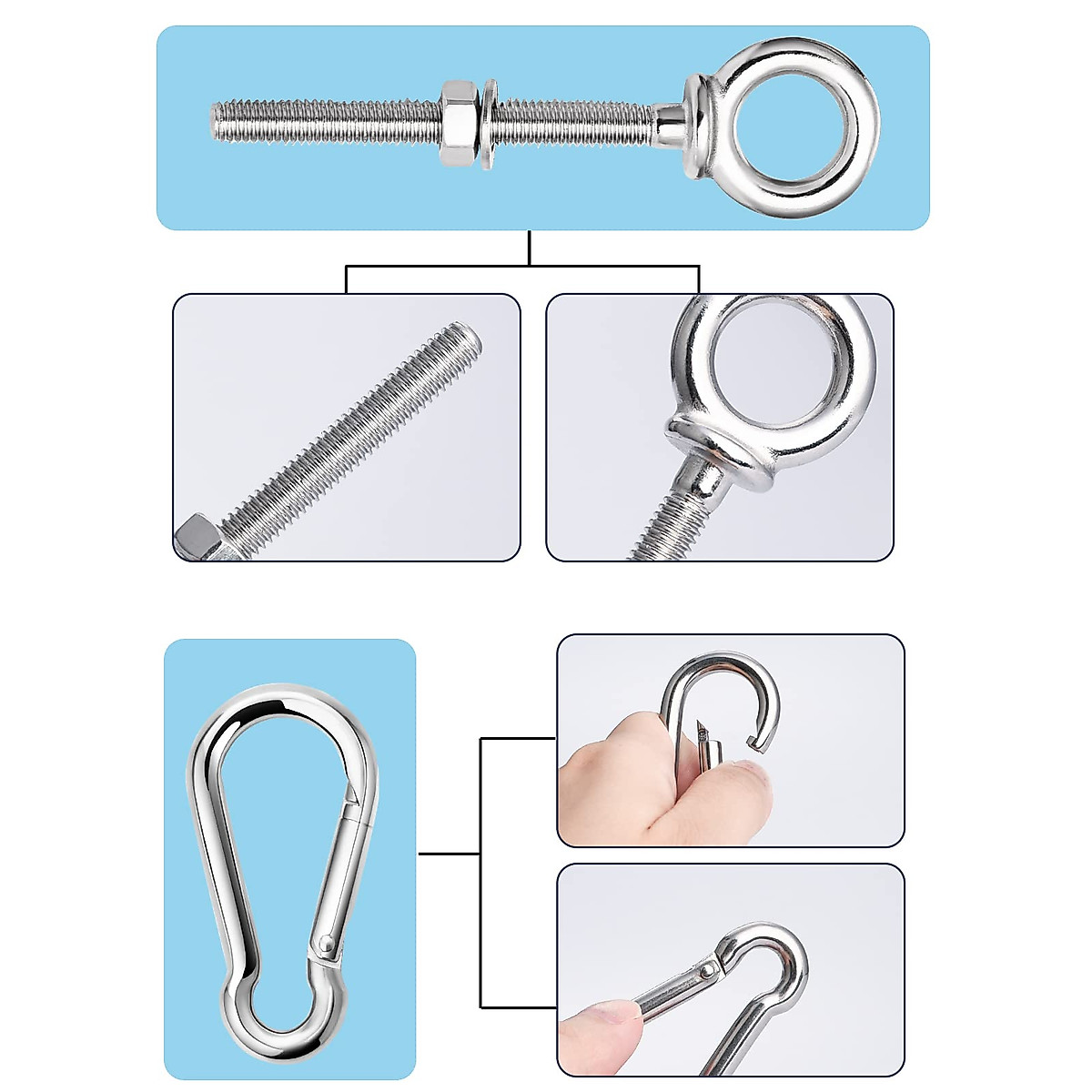 Abimars Lifting Shoulder Eye Bolt M6 with Nuts and Spring Snap Hook, 4 Pcs 316 Stainless Steel Eyebolts for Hanging Items