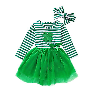 St Patricks Day Outfits Toddler Baby Girls Clover Dress Striped Long Sleeve Mesh Tutu Skirts with Headband 2PCS Set (Green, 3-4 Years)