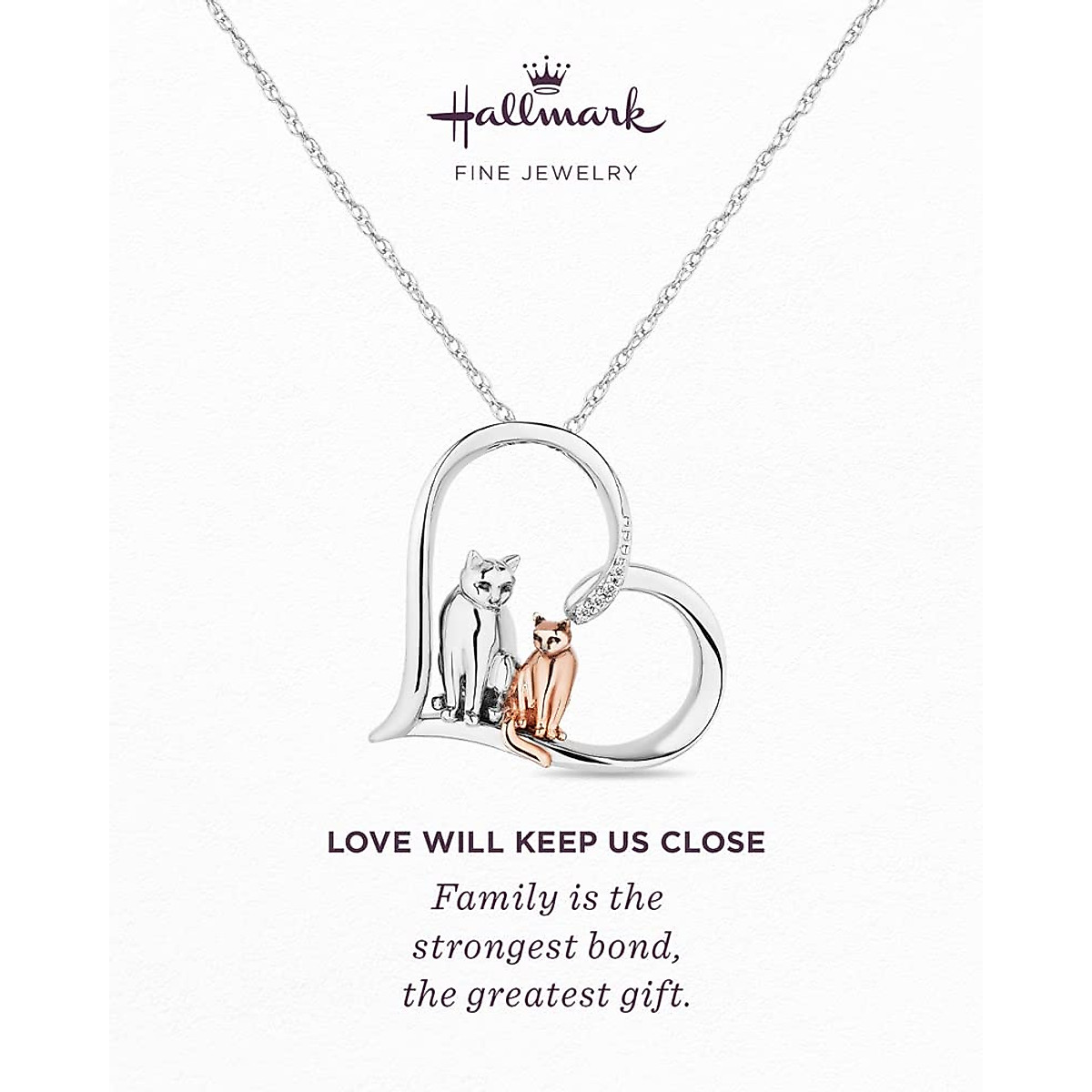 Love Will Keep Us Close Mother Child Cat Heart Necklace Pendant in Sterling Silver and 14K Rose Gold Plating with Diamonds