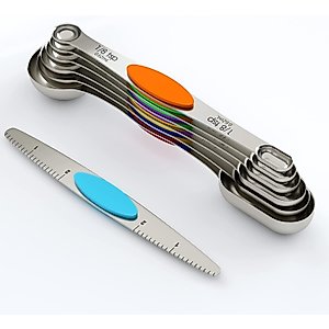 ChefAide Stainless Steel Magnetic Measuring Spoons Set, Upgraded Extended Handle, Dual Sided, Stackable, Adjustable Teaspoon and Tablespoon Measure Spoon Kitchen Gadgets Set of 7