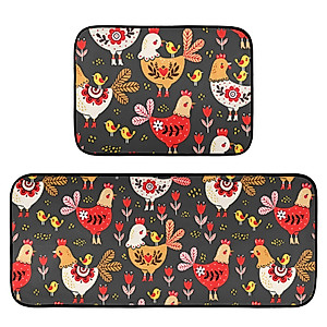 Emelivor Rooster Chickens Animal Kitchen Mat Set of 2 Anti-Fatigue Kitchen Rug Set Non Slip Cushioned Heavy Duty Foam Kitchen Runner Rugs and Mats Comfort Standing Mat for Farmhouse Doormat Laundry
