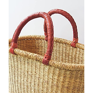Ghana African Handmade Woven Oval Picnic Shopping Baskets (Natural with Brown Handles)