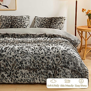 LIFEREVO Cheetah Print Faux Fur Duvet Cover Fluffy Bedding Set, 3 Pieces Soft Plush Fuzzy Comforter Cover Set(1 Shaggy Comforter Cover+2 Furry Pillowcases), Zipper Closure(Queen, Leopard Print Grey)