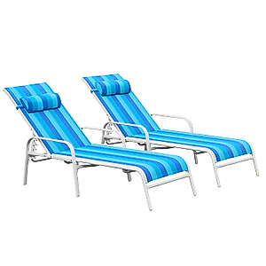EROMMY Patio Chaise Lounges, Set of 2 Outdoor Lounge Chairs with Adjustable Backrest, All-Weather Textiline Recliner Chairs, for Patio Beach Yard Pool,Blue