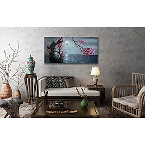 V-inspire Art, 24x48 Inch Hand-Painted Floral Artwork - Plum blossoms blooming under the moon - Chinese Paintings Canvas Wall art for Living room On Bedroom Ready to Hang