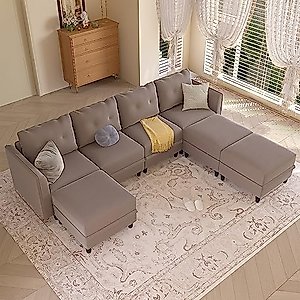 LLappuil Velvet Modular Sectional Sofa with Reversible Chaises, 7 Seater U Shape Sectional with Storage, Waterproof, Anti-Scratch and Antistatic Modular Couch for Living Room, Brown