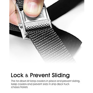 ALIENSX Cooler Tie Down Kit, Cooler Tie Down Straps for RTIC YETI Coolers, Cam Buckle Lashing Straps, Secure to Boats, Trailers, Trucks, ATVs and More, Prevent from Slipping (Black)