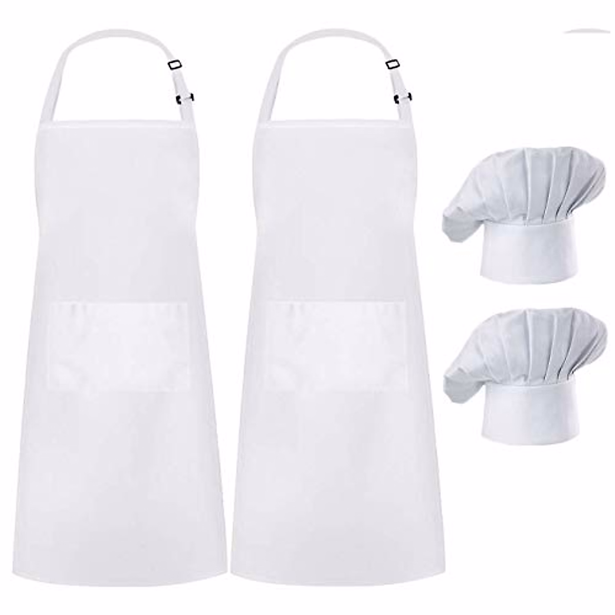 Hyzrz 2 Pack Chef Apron Hat Set, Adjustable Bib Cooking Aprons Water Drop Resistant Baker Kitchen Cooking for Women Men Father's Gift(White)
