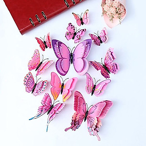 PVC Beautiful 3D Butterfly Wall Decals, 12pcs Removable DIY Home Decorations Double Layer Butterflies Wall Stickers Murals for Garden Bedroom Birthday Party Wedding TV Background Living Room(Pink)