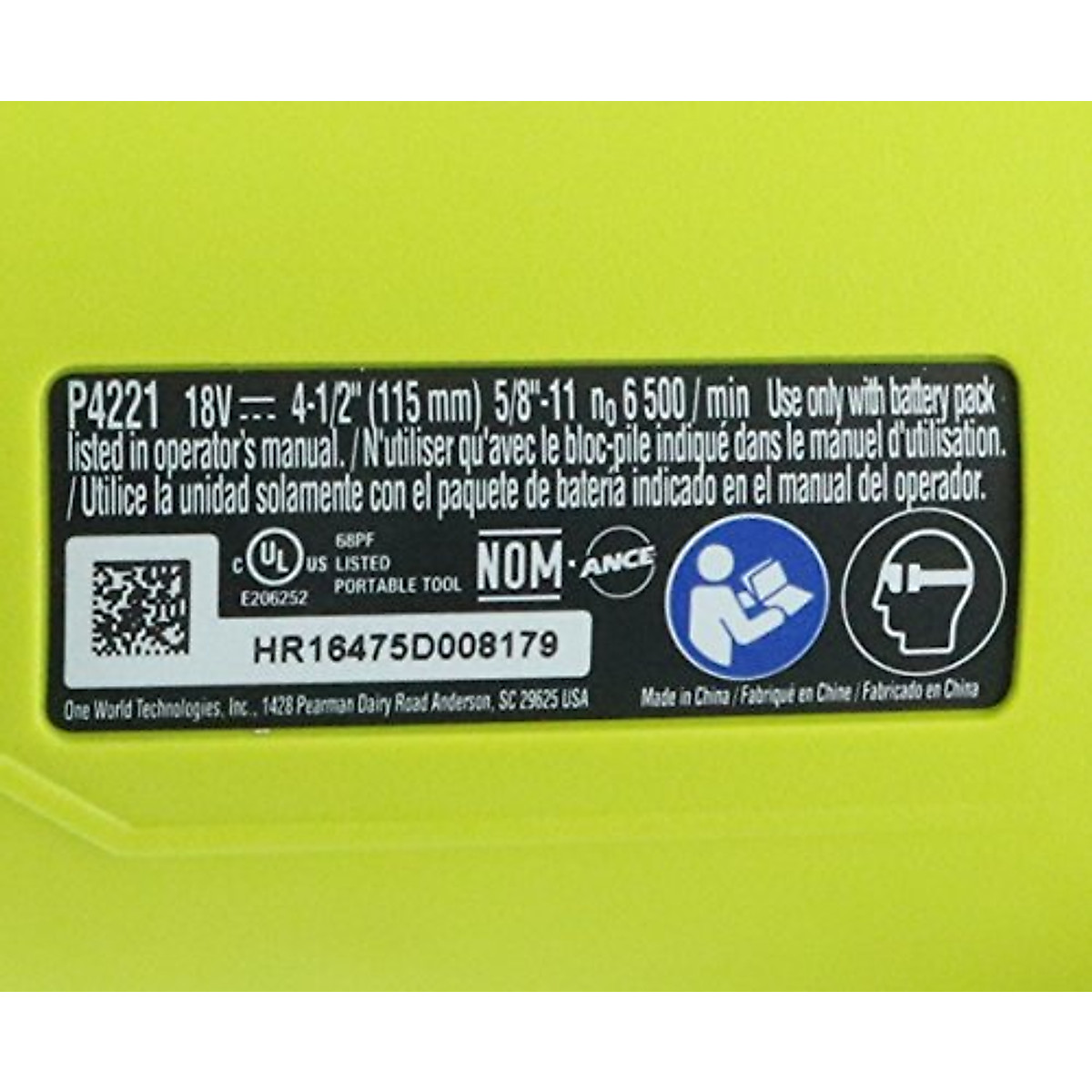 Ryobi P421 6500 RPM 4 1/2 Inch 18-Volt One+ Lithium Ion-Powered Angle Grinder (Battery Not Included, Power Tool Only)