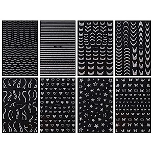 JMEOWIO 8 Sheets French Tip Nail Art Stickers Decals Self-Adhesive Pegatinas Uñas Silver Line Nail Supplies Nail Art Design Decoration Accessories