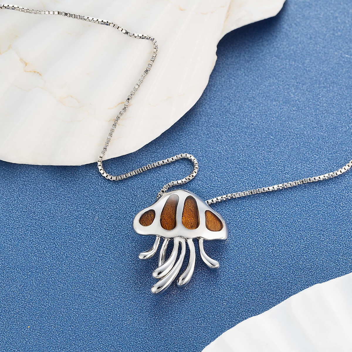 Aloha Jewelry Company Sterling Silver Koa Wood Jellyfish Necklace Pendant with 18" Box Chain