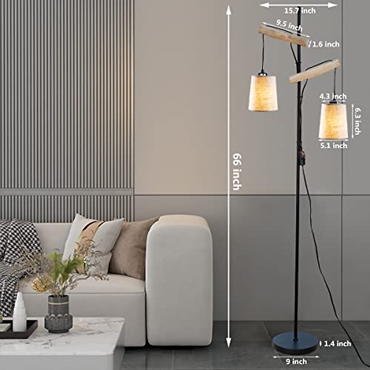 Eusamxon Hanging 2 Lights Floor Lamp Rustic Farmhouse Tall Standing Lamps with Double Fabric Lampshade Floor Lamps for Living Room Bedroom Office Home Lighting Decor.