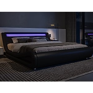 Allewie Queen Size LED Platform Bed Frame with Adjustable Headboard/No Box Spring Need/Easy Assembly/Faux Leather in Black