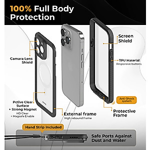 MOTIVE Waterproof Case for iPhone 15 Pro Max, Built-in Screen Protector, Compatible with MagSafe, Dustproof, Shockproof, Complete 360° Water Resistance case for iPhone 15 Pro Max 6.7" | Black