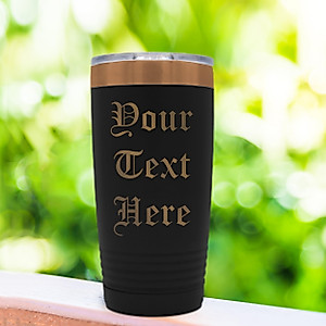 Customized Personalized Stainless Steel Travel Tumbler with Lid - Engraved Double-Wall Vacuum Insulated for Him, Her Your Custom Text (Black with Gold, 20 oz)