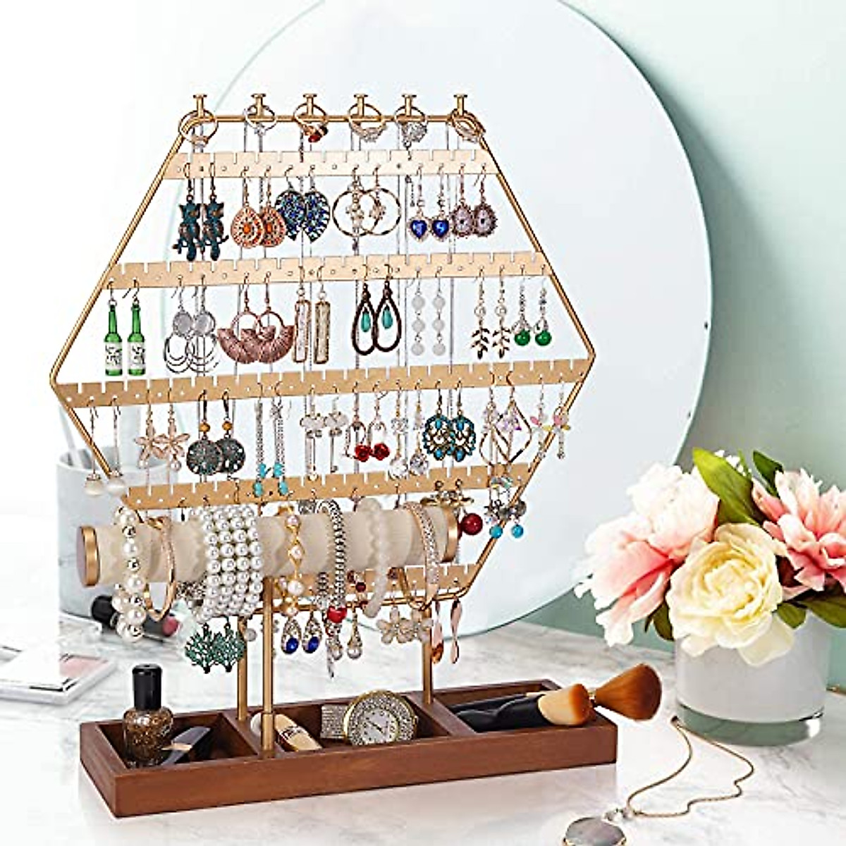 QILICHZ Earring Holder Stand Earring Organizer 6-Tier Earring Stand Hexagonal Jewelry Stand Jewelry Holder Jewelry Organizer with Wooden Tray for Jewelry Storage and Showcase (Gold 6-Tier)