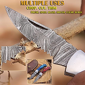 Handmade Damascus pocket knife for men with leather sheath | 2 Pcs Tactical Folding Pocket knife Set with Back Lock | Best Edc Bushcraft knifes for Fishing, Camping, Hiking | Damascus steel Blade Foldable hunting Belt knife with Horizontal Carry sheath |