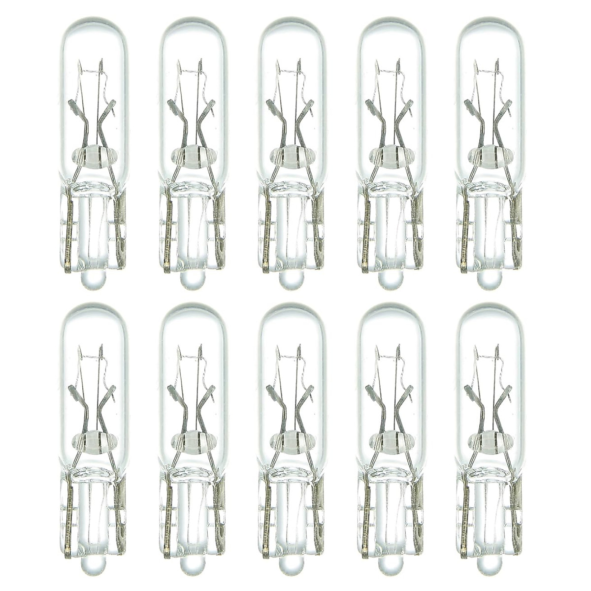 Sunlite T1.75 Mini-Tube Bulb, 1.12 Watts, 4 Lumens, 14 Volts, C-2F Filament, European Glass Wedge W2x4.6d Base, Clear Finish, 2800K Soft White, for Automotive & Indicator Lights, 10 Pack