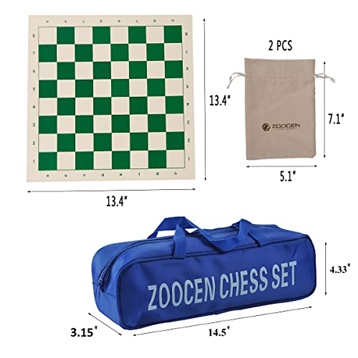 ZOOCEN Chess Set - Plastic Chess Pieces and Green Roll-Up Vinyl Chess Board Foldable Chess Game (with Extra Queen)