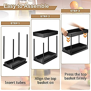 DBDEIW Under Sink Pull Out Home Organizers and Storage,2 Tier Under Cabinet Organizer with Sliding Basket Drawer,Under-Sink Organizers with Hooks & Hanging Cups for Bathroom/Kitchen,Black