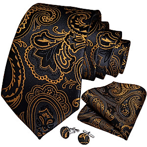 DiBanGu Mens Tie Set Silk Solid Paisley Necktie and Pocket Square Cufflinks Classic Formal Ties for Men Wedding Party, Black and Gold