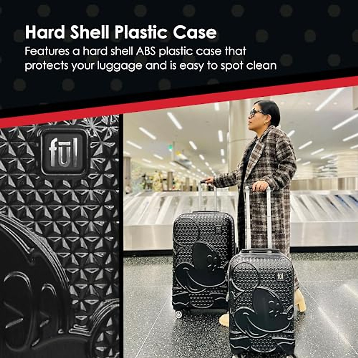 FUL Disney Mickey Mouse 21 Inch Carry On Luggage, Hardshell Rolling Suitcase with Spinner Wheels, Black