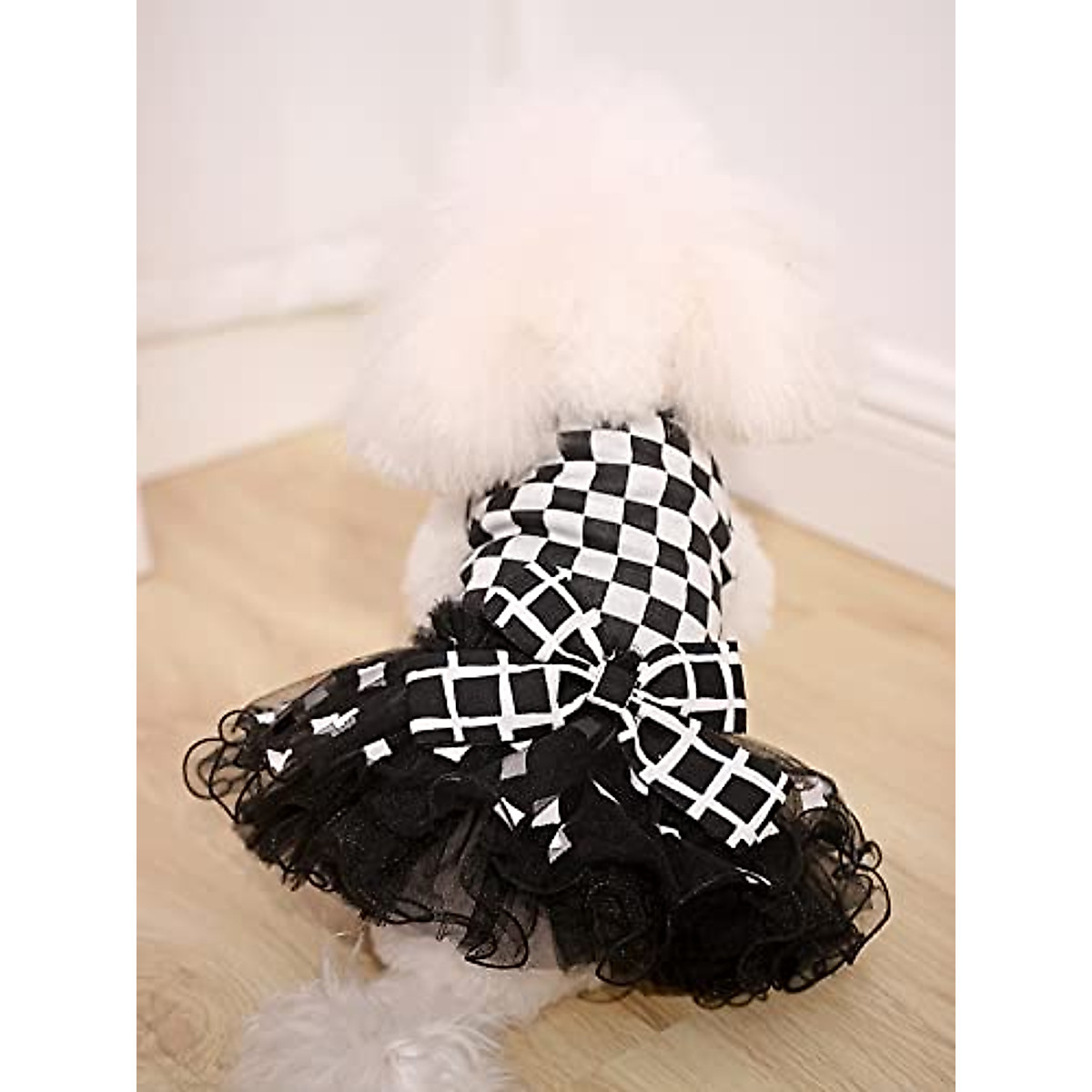 QWINEE Checkerboard Print Bow Decor Pet Dress Cat Dog Mesh Princess Dress Cute Puppy Dresses Pet Party Birthday Costume for Small Medium Large Girl Cats Dogs Kitten Black and White Medium
