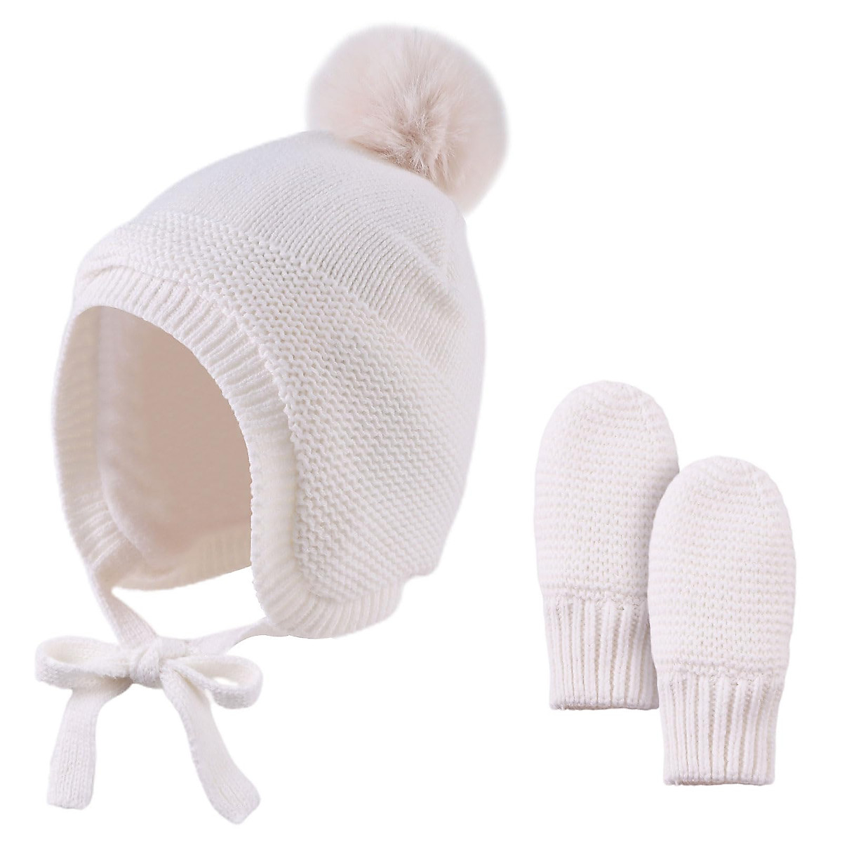 Basic Winter Baby Beanie Gloves Boys Girls Knitted Hat Pompom Kids Earflap Hats Warm Infant Toddler Beanie Mittens Set(White(Hat+Gloves),S)