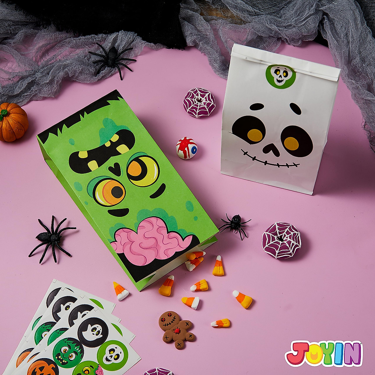 JOYIN 72PCS Halloween Treat Bags, 6 Styles Trick or Treat Paper Bags with Stickers, Halloween Goodie Bags for Kids, Halloween Candy Bags, Halloween Party Favors Decorations