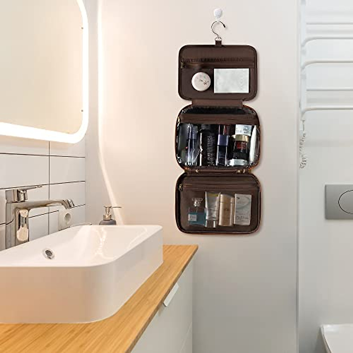 Elviros Travel Toiletry Bag for Men and Women, Large Hanging Leather Makeup Bags Organizer, 2 in 1 Water-resistant Cosmetic Case for Bathroom Toiletries Accessories (Brown)