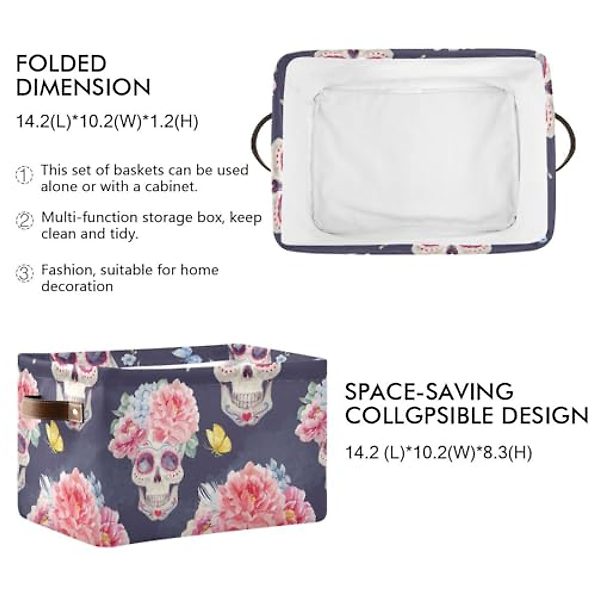 Skull Peony Flowers Storage Basket Bins Foldable Toy Baskets Organization with Handles Laundry Hamper for Living Room Clothes Nursery Closet Shelf Playroom,2 pcs