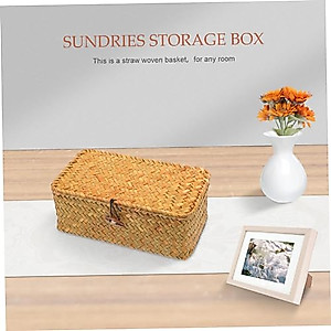 Ipetboom Desktop Stand Woven Baskets 1 Woven Basket Straw Basket with Lid Basket Box Rattan Desktop Clothes Sundries Storage Box for Home Decor (S) Storage Drawers Small Basket