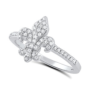 SILVERCLOSEOUT Rhodium Plated Sterling Silver Womens Cz Cubic Zirconia Fleur De Lis Loyalty Ring - Size 6