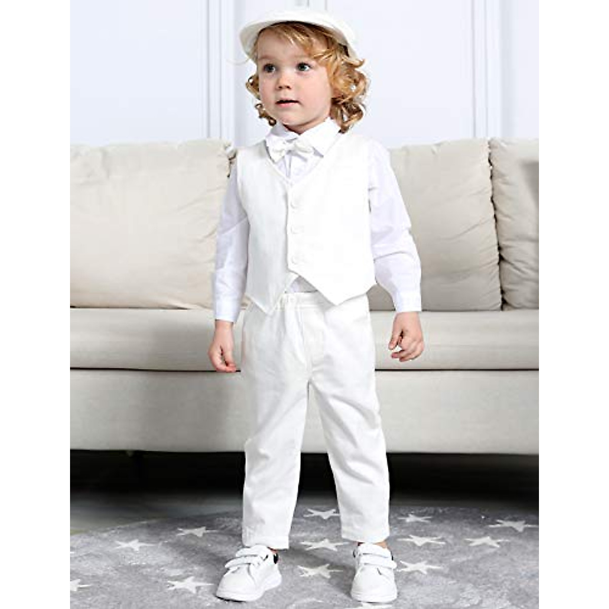 A&J DESIGN Baptism Outfits for Boys Christening Wedding Formal Dedication Blessing Ivory Suit with Newsboy Hat 3-4T