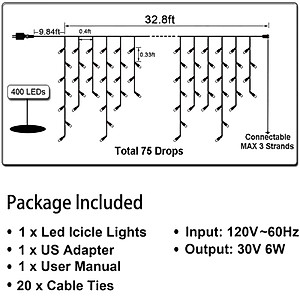 TuoPuLife LED Icicle Lights Outdoor, 32.8ft 400 LED Icicle Christmas Lights with Timer, Waterproof, Connectable Eaves Curtain Fairy String Lights for Christmas, Thanksgiving, Easter,Valentines Day