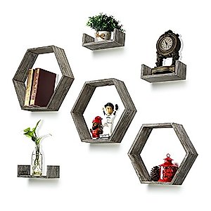 RR ROUND RICH DESIGN Wall Shelf Set of 6 - Rustic Wood 3 Hexagon Boxes and 3 Small Shelves for Free Grouping Driftwood Finish