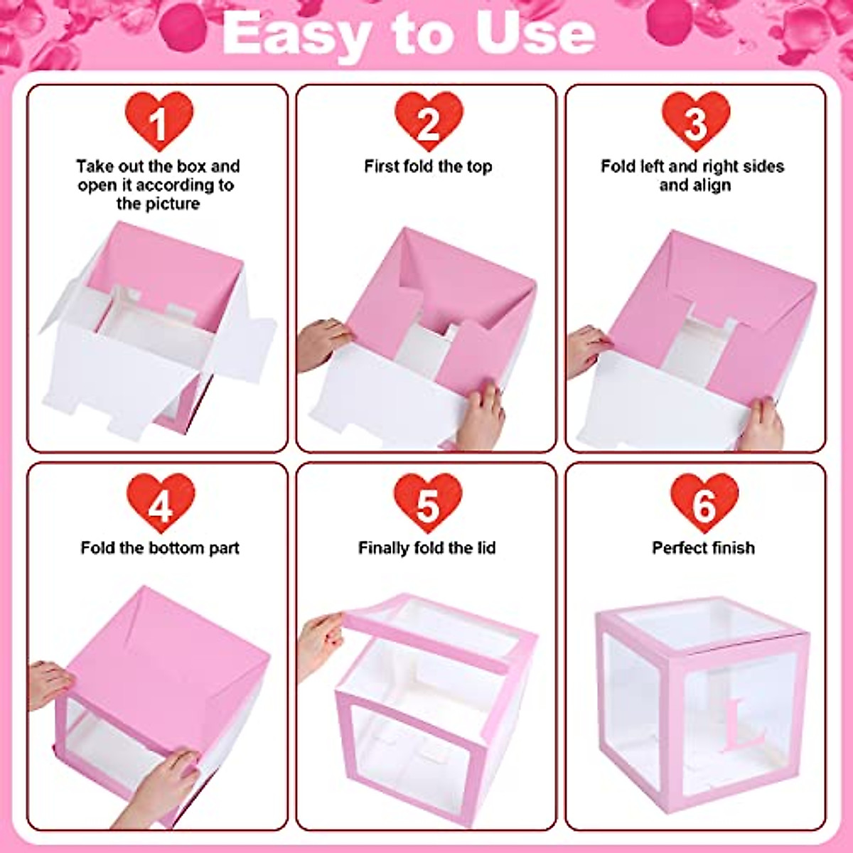 56 Pieces Valentine's Day Transparent Love Box Decorations with Balloon LED Light Letters for Valentine's Day, Wedding Party, Bridal Shower, Birthday Party Reveal Backdrop (Pink)