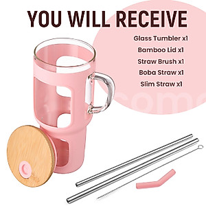 COMOOO 40oz Glass Tumbler with Bamboo Lid and Straw, Glass Water Cup with Handle, Iced Coffee Drinking Cup with Silicone Sleeve, Glass Water Bottle Dishwasher Safe, Cup Holder Friendly, Pink