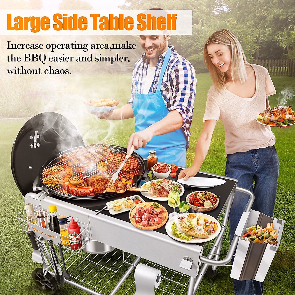 GRILL FORCE Grill Table for Weber 18" & 22" Original Kettle,Kettle Grill Cart,Outdoor Prep Table for Weber Original Kettle,Jumbo Joe,Master-Touch Charcoal Grill,Performer Charcoal Grill Accessories
